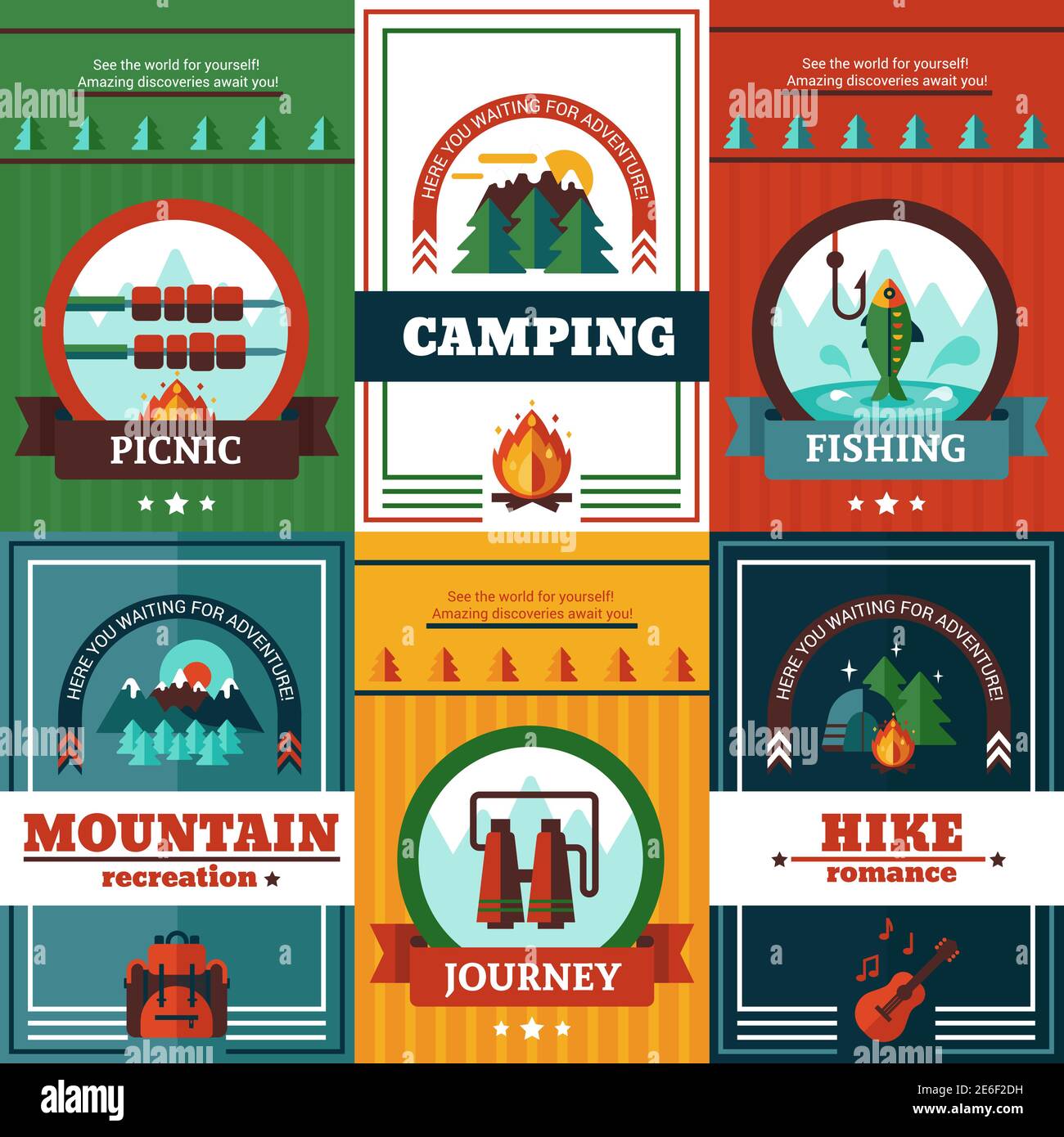 Camping poster set with hiking fishing camping and mountain recreation ...