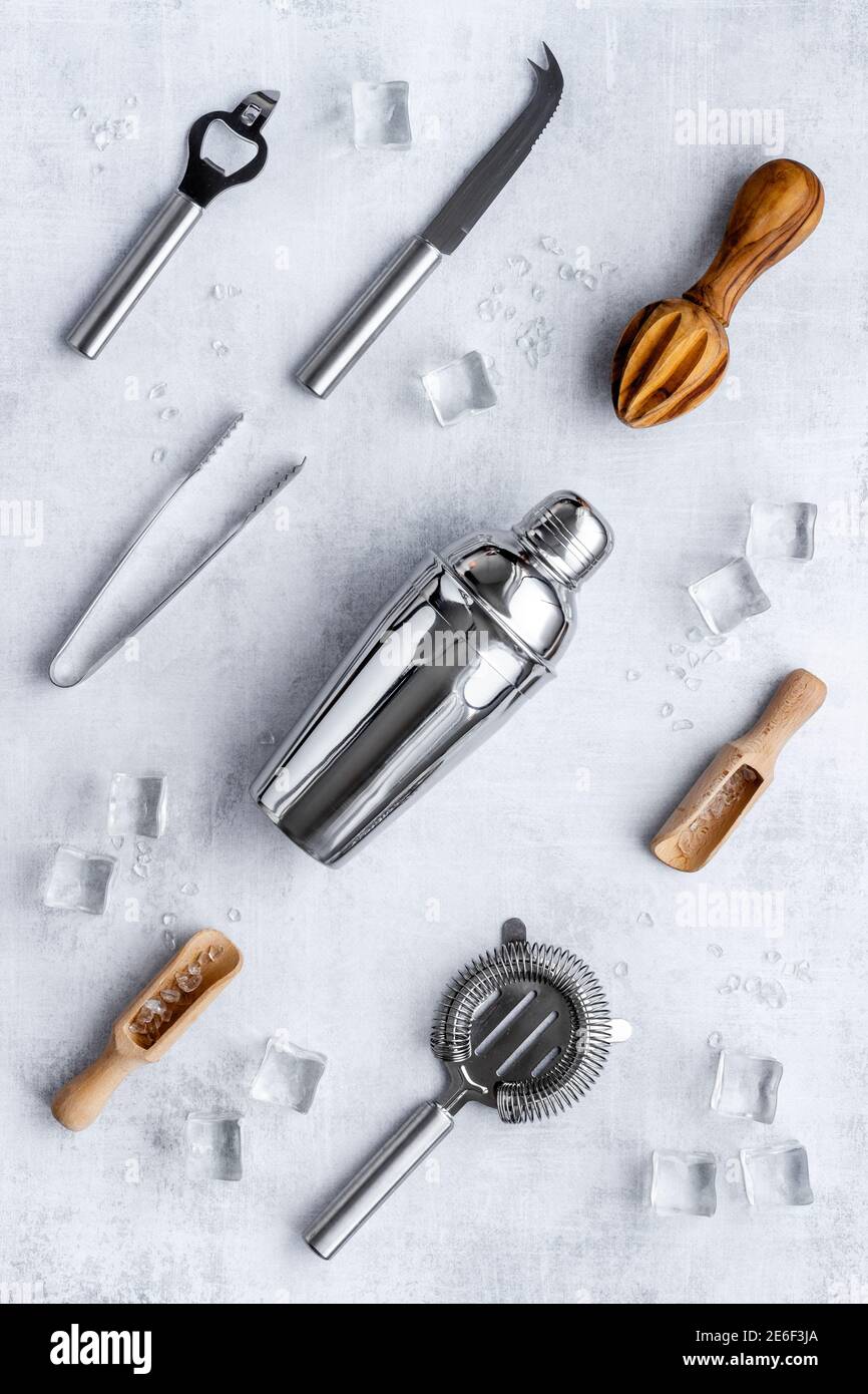 Cocktail bar utensils and tools with shaker, strainer and ice Stock ...