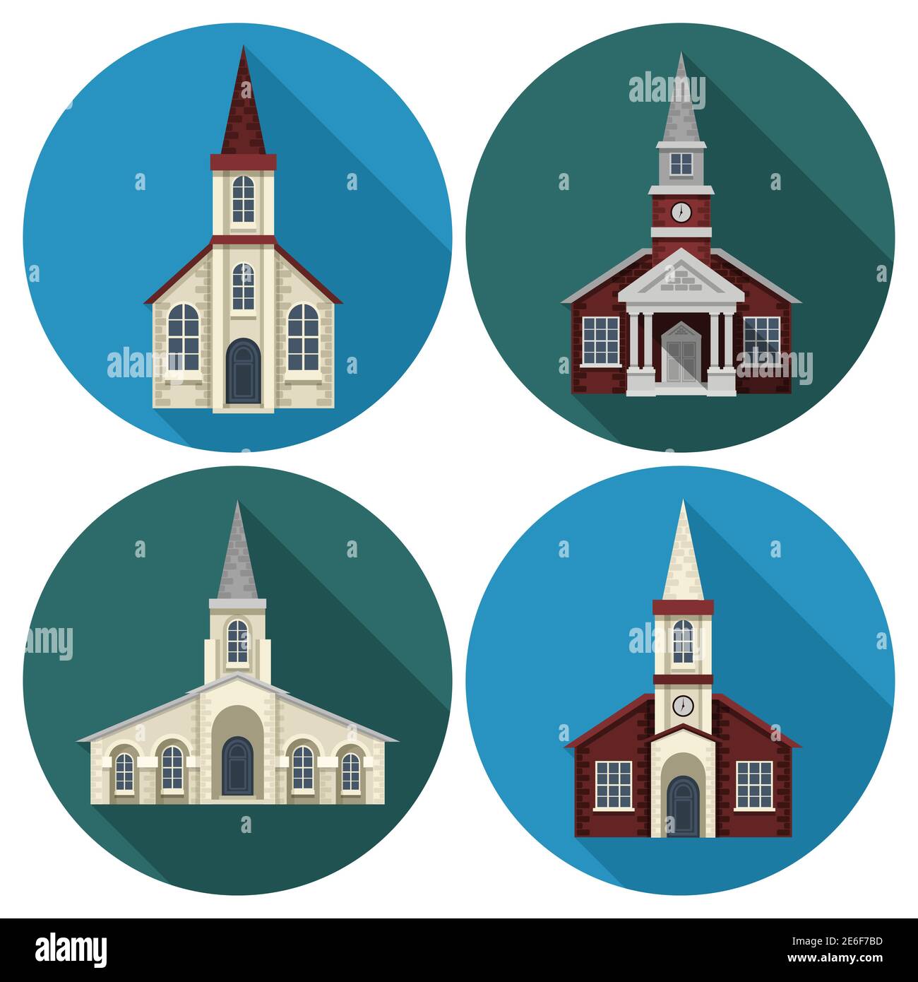 Church building flat round long shadow icons set isolated vector ... Church building flat round long shadow icons set isolated vector ...