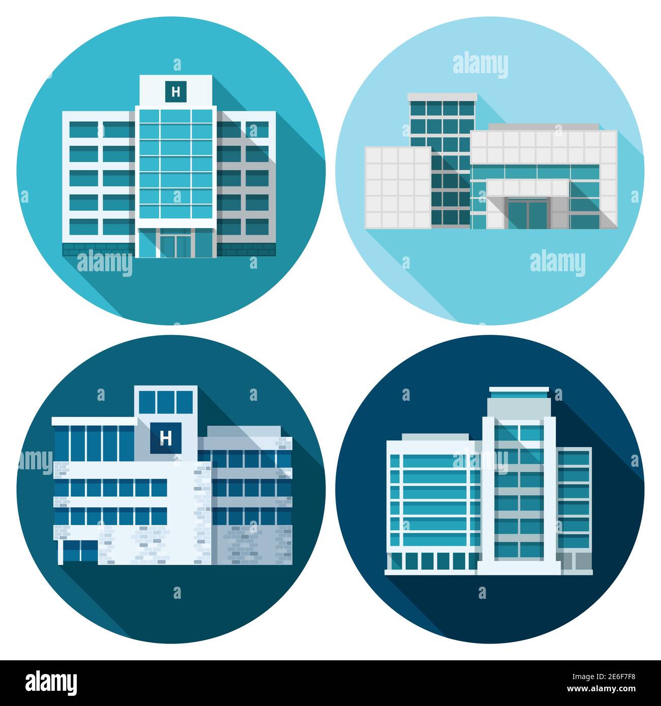 Hospital and medical first care building flat icons set isolated vector ...