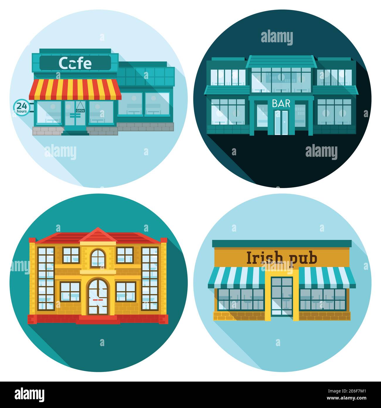 Cafe building front exterior flat icons set isolated vector ...
