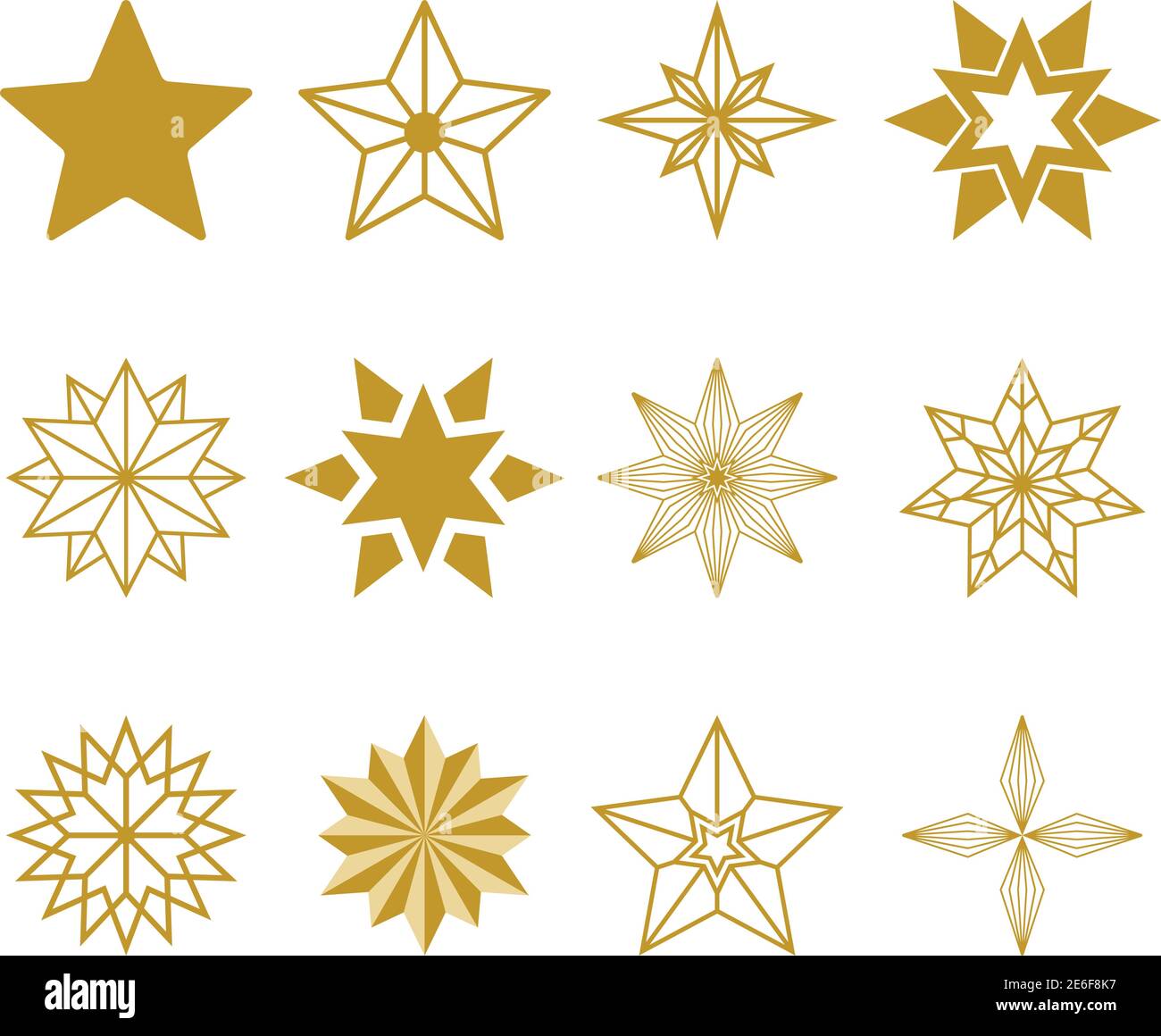 Christmas Star abstract collection in gold. White Background. Twelve ...