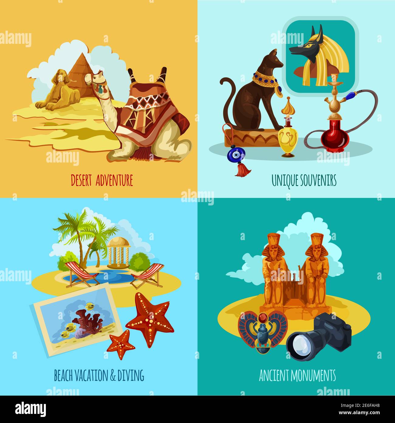 Egypt touristic set with cartoon desert and beach adventures icons ...