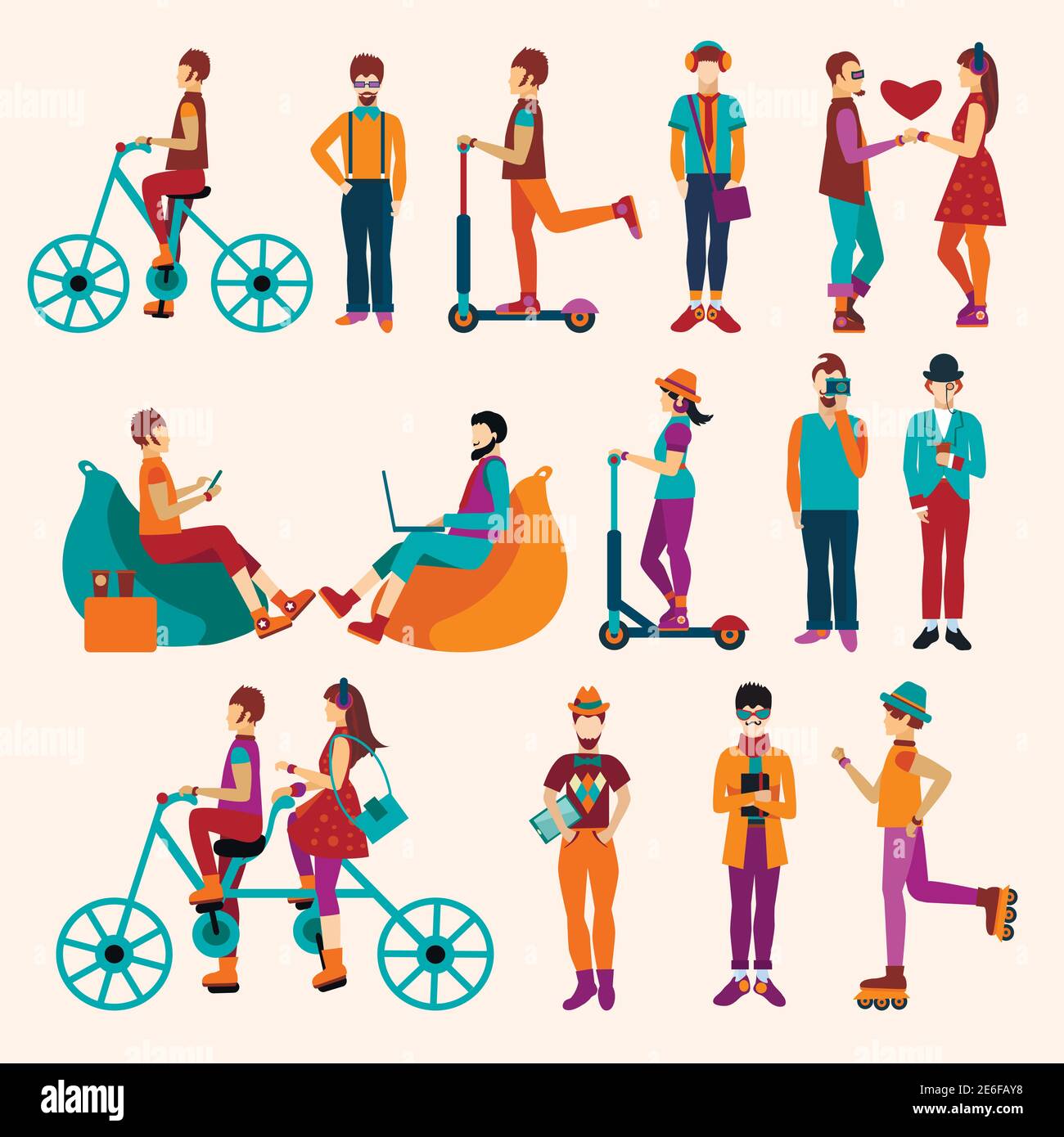 Hipster people flat set with active young trendy males and females ...