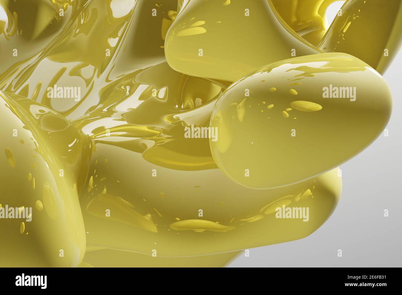 Abstract yellow liquid drops splashing on a white background ...