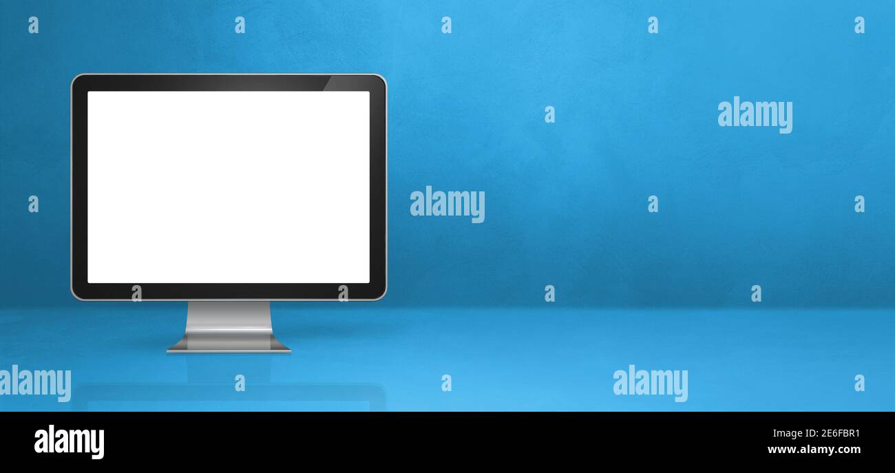 Computer pc - blue office desk banner. 3D Illustration Stock Photo - Alamy