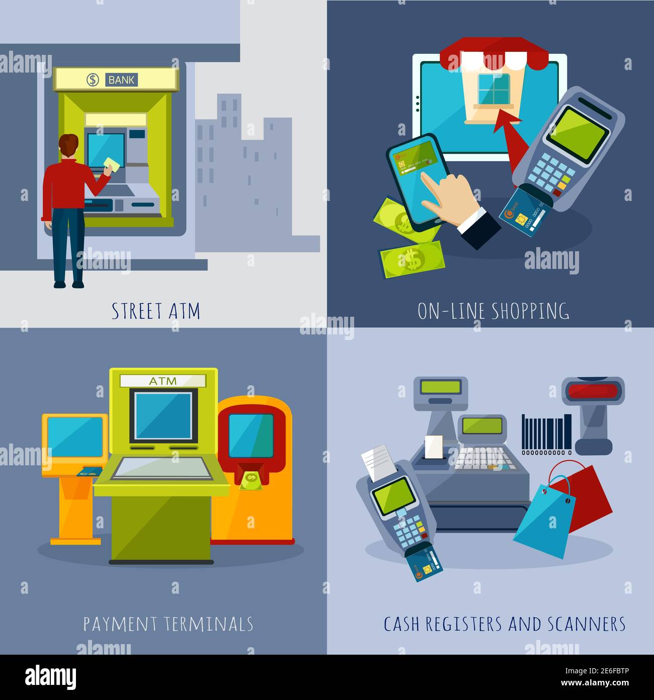 Atm design concept set with payment systems cartoon icons isolated ...