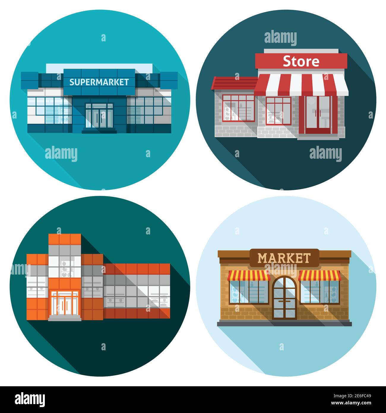 Shop store and supermarket building flat icons set isolated vector ...