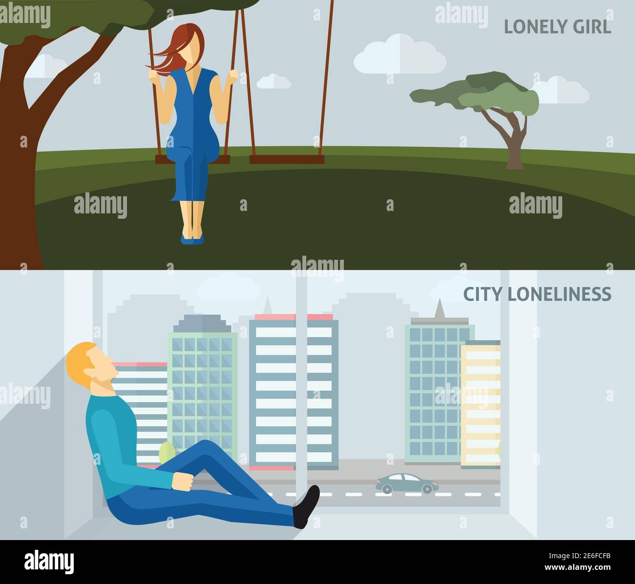 Lonely people flat horizontal banner set with sad girl swinging and man ...