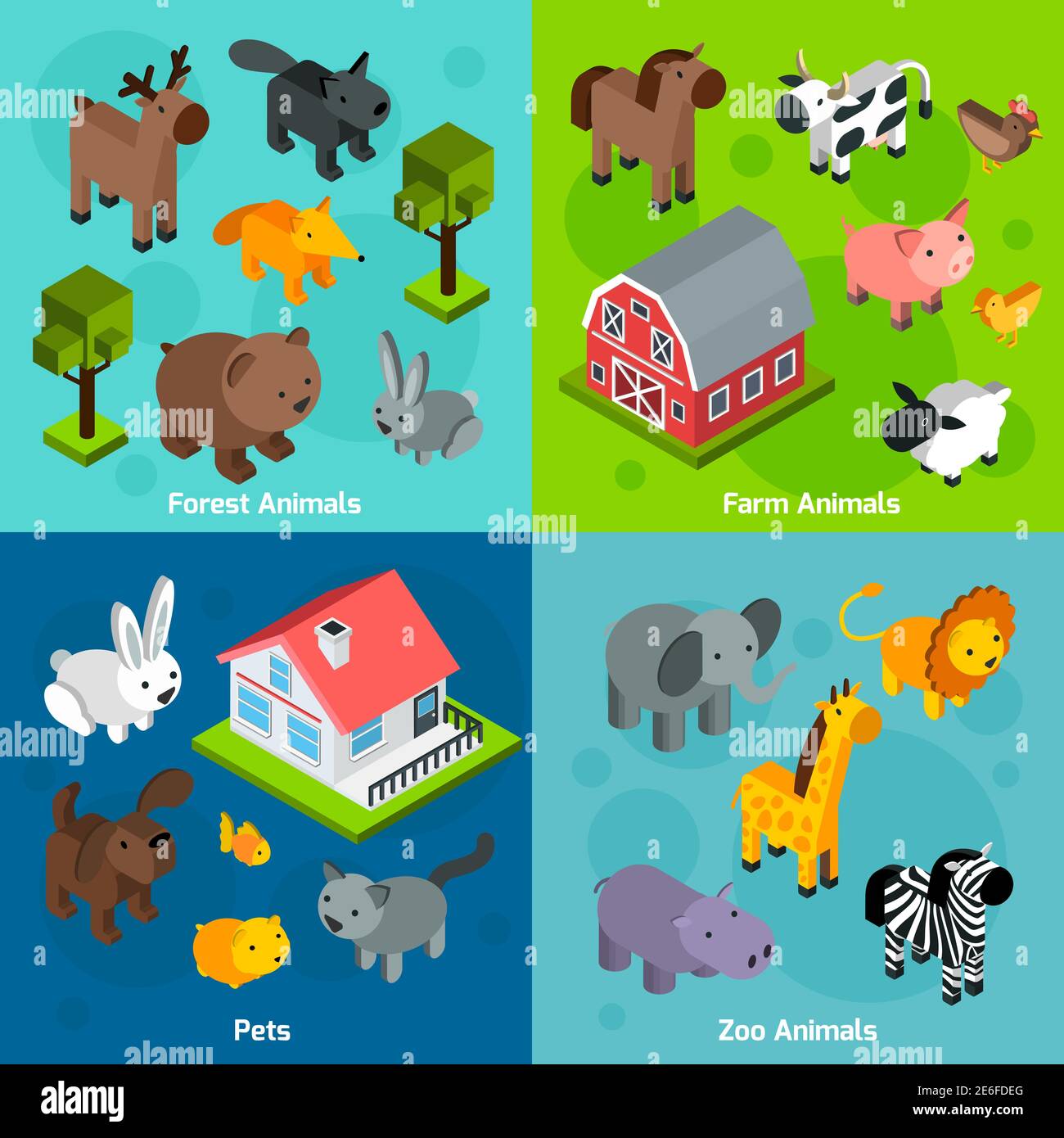 Animals design concept set with isometric forest farm and zoo animals ...