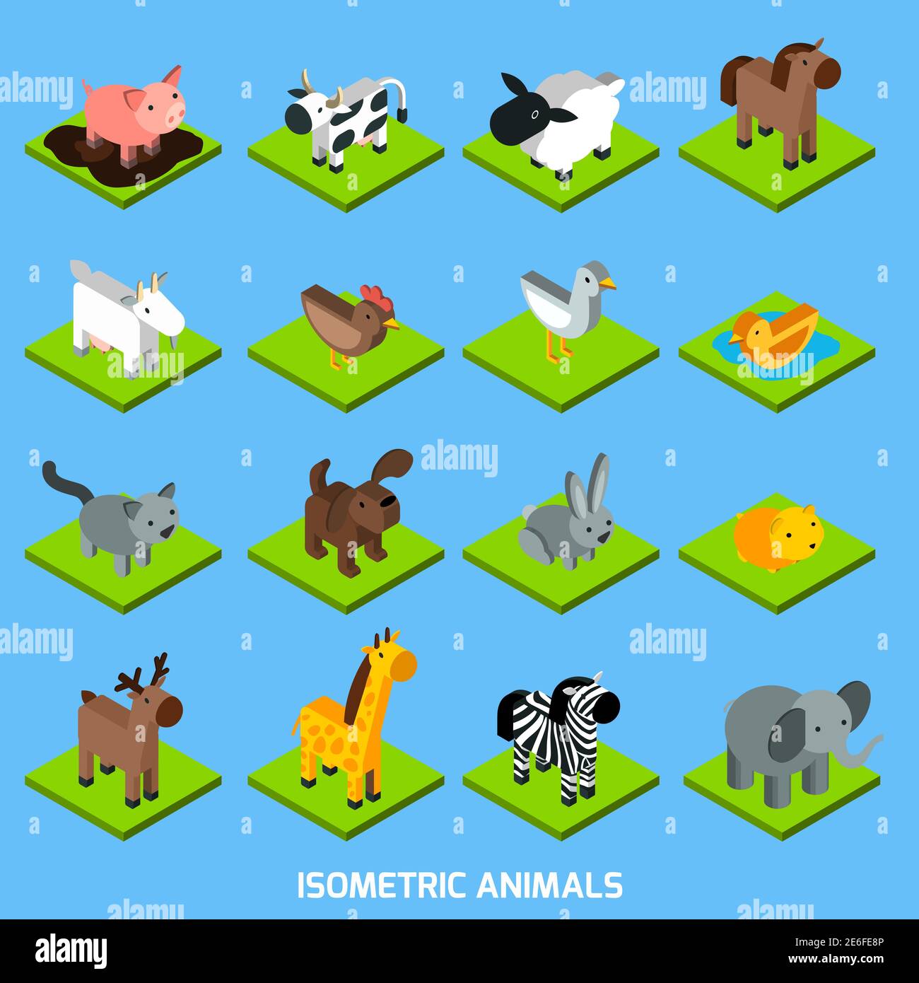 Isometric animals set with 3d hamster pig sheep and rabbit isometric ...