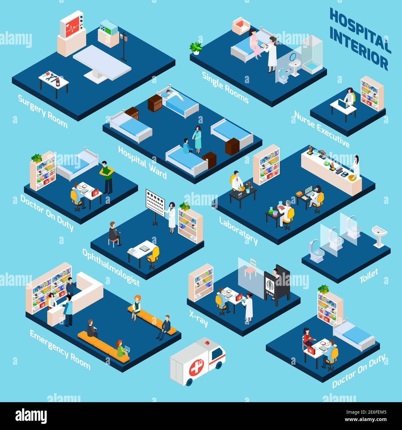 Isometric hospital interior with 3d health care personnel isometric ...