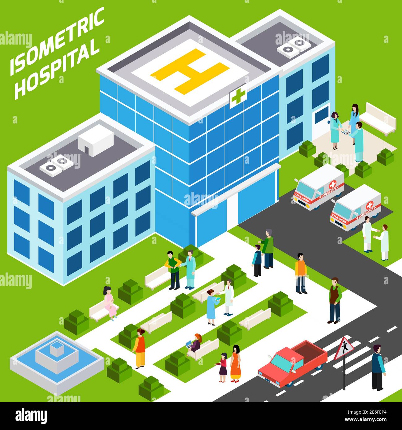 Hospital building isometric with 3d medical staff and landscape objects ...