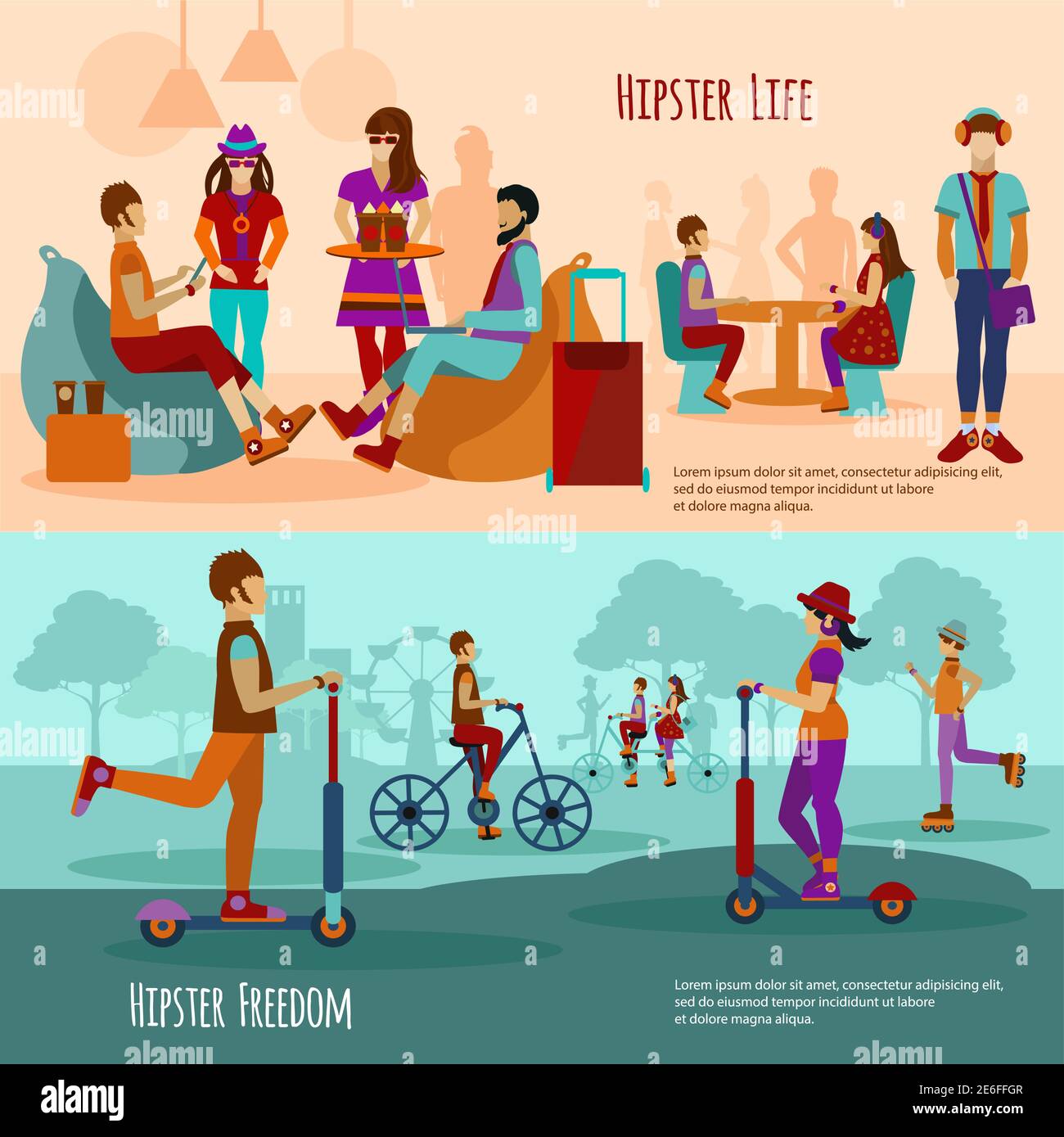 Hipster people horizontal banner set with youth style elements isolated ...