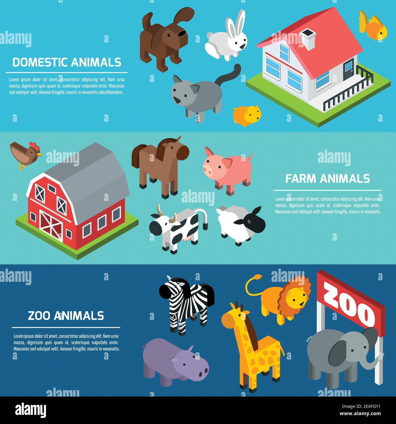 Horizontal banner set with domestic farm and zoo animals isometric ...