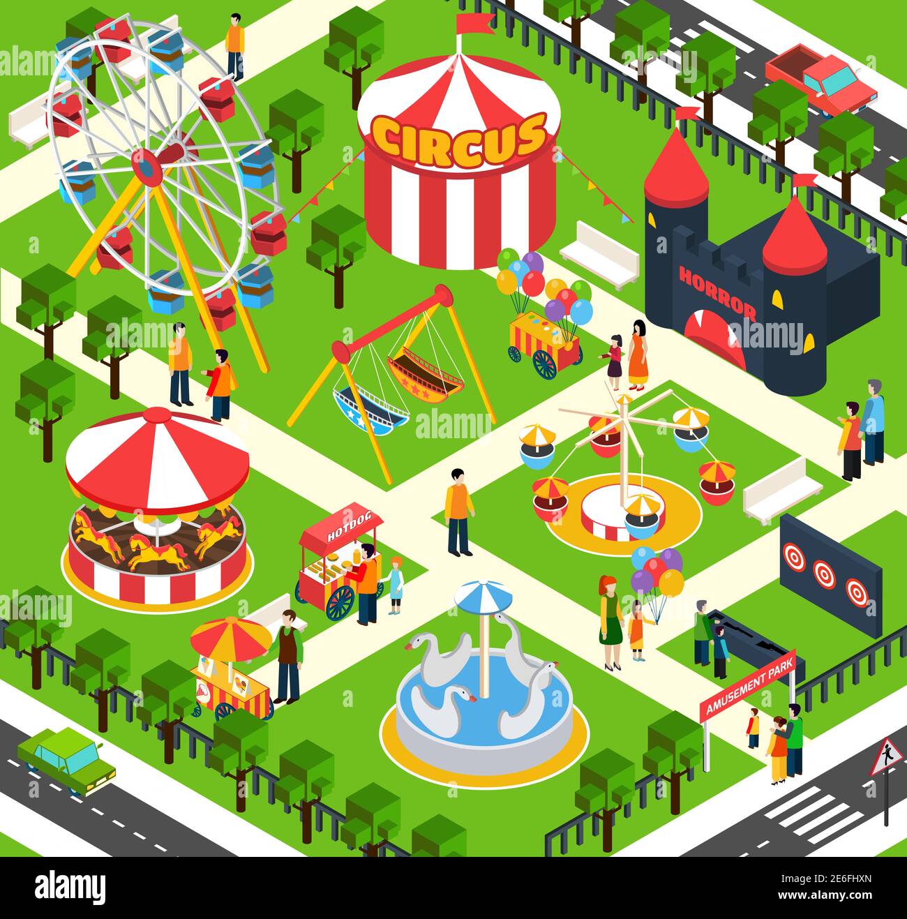 Amusement park isometric with 3d people figures and oudoors objects ...