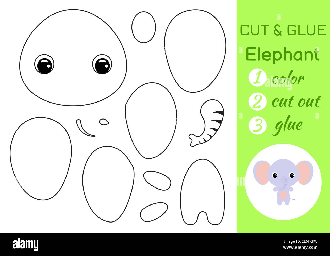 Coloring book cut and glue baby elephant. Educational paper game for ...