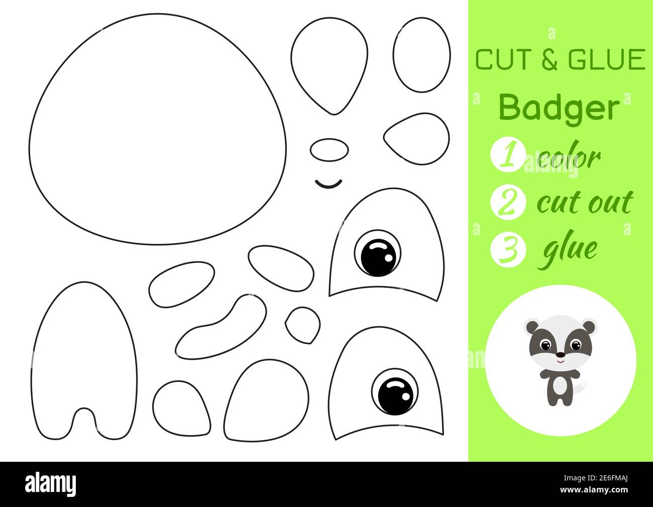 Coloring book cut and glue baby badger. Educational paper game for ...