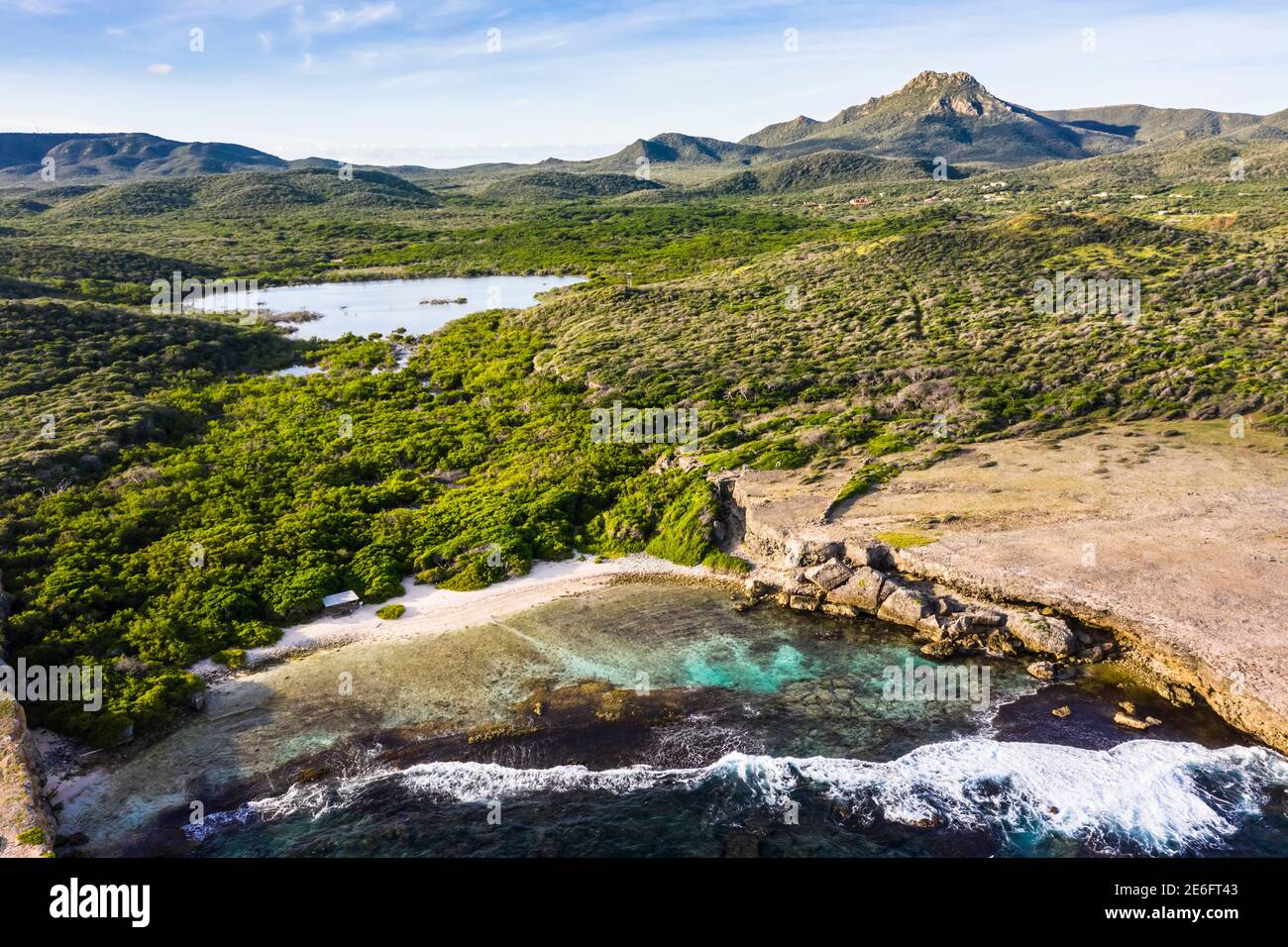 Aerial view above scenery of Curacao, Caribbean with ocean, coast ...