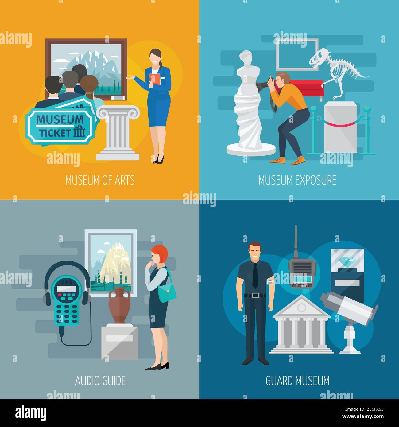 Museum design concept set with audio guide flat icons isolated vector ...