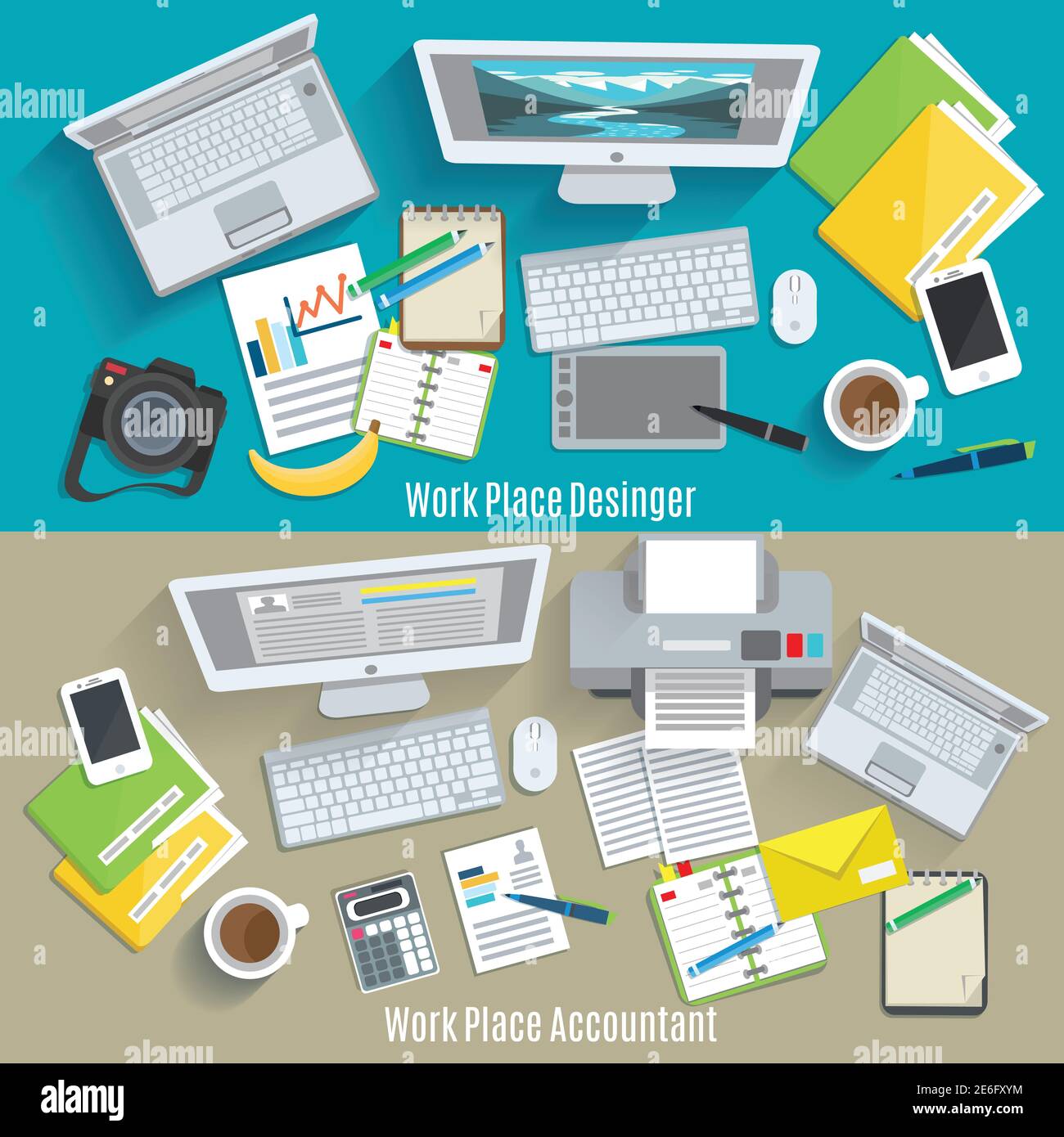 Designer and accountant work place horizontal banner set isolated ...