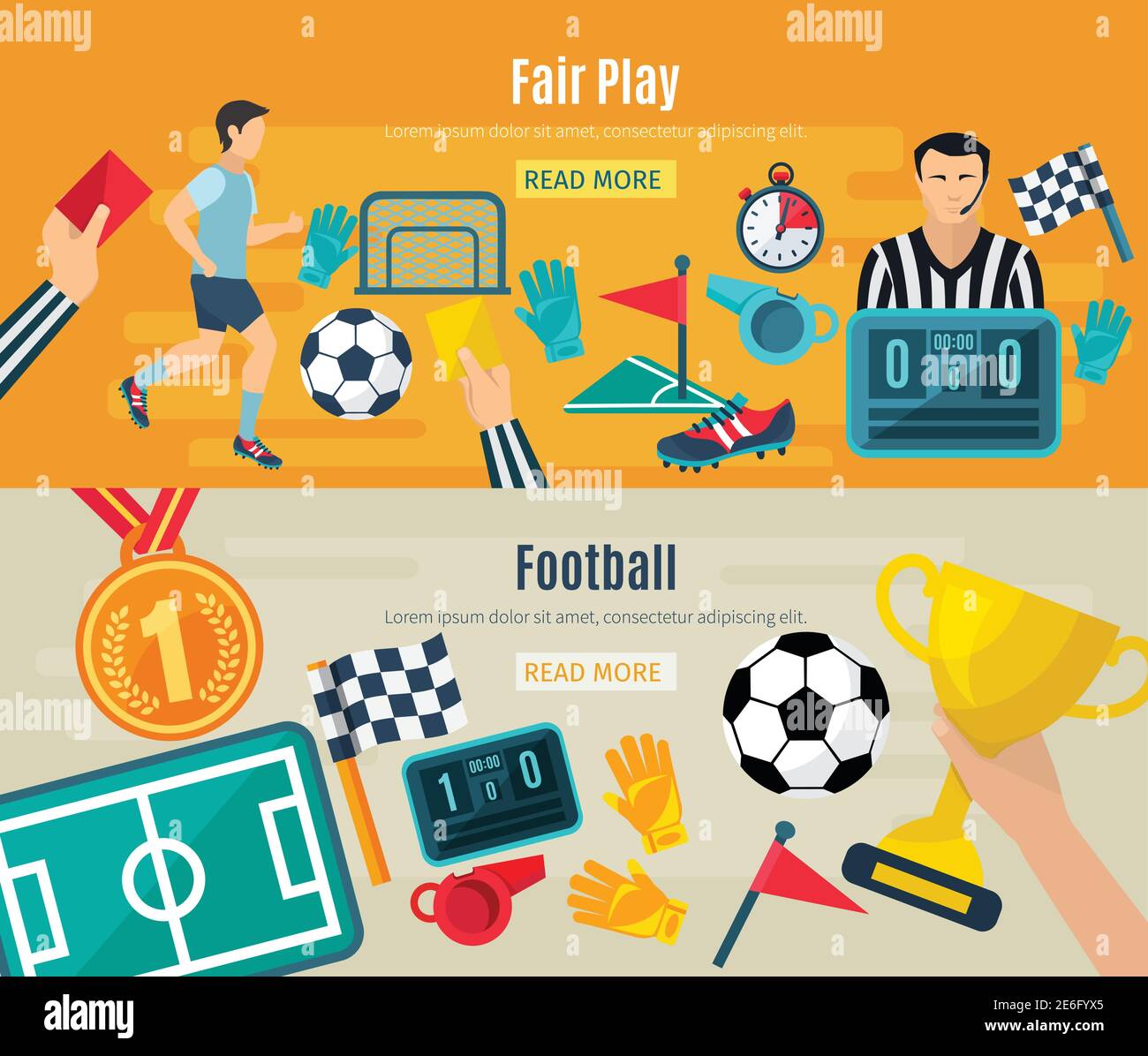 Soccer horizontal banner set with fair football play elements isolated ...
