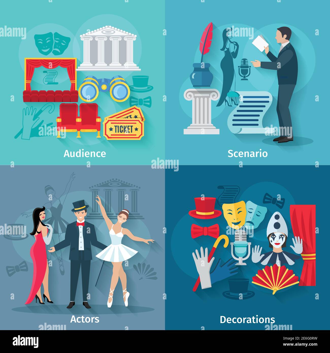 Theater design concept set with audience scenario actors and ...
