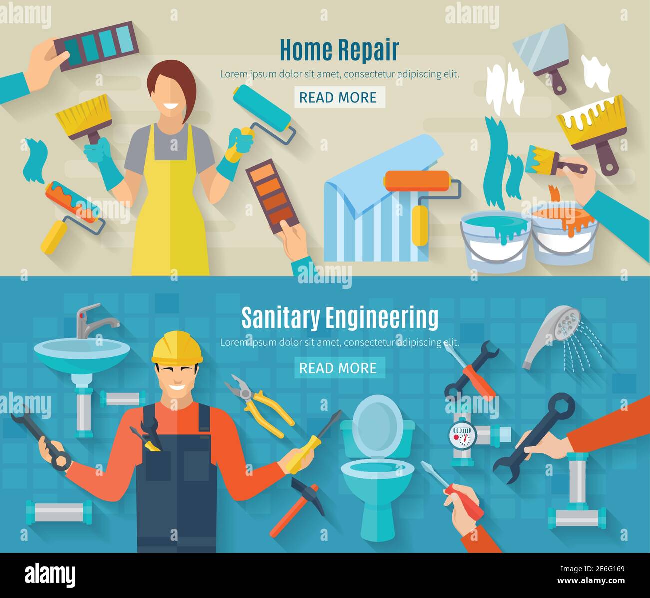 Home repair horizontal banner set with renovation and construction work ...