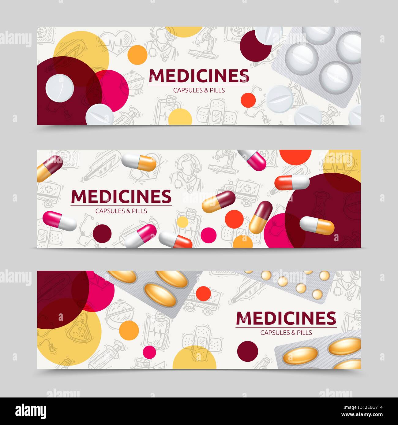 Pills capsules and medicines horizontal banner set isolated vector ...