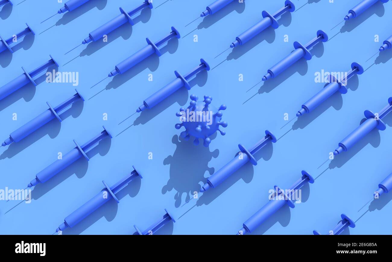 Coronavirus vaccine injection syringes with a virus bacteria. 3D ...