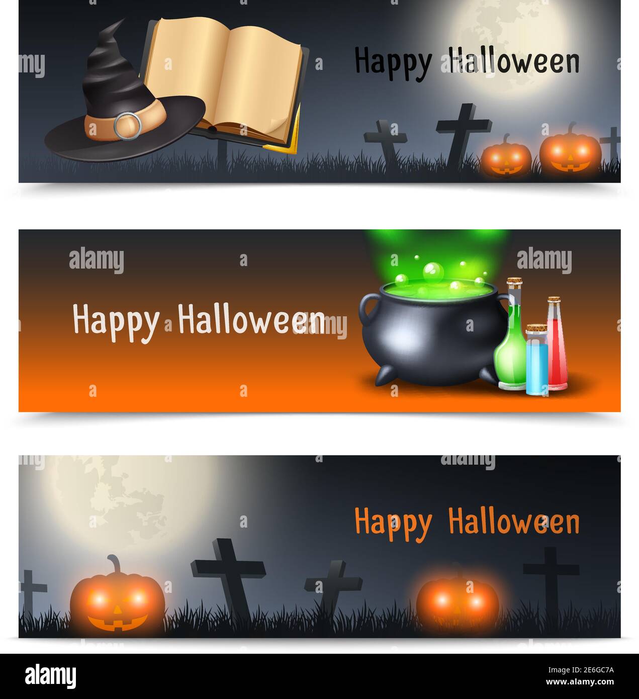 Halloween horizontal banner set with holiday elements isolated vector ...