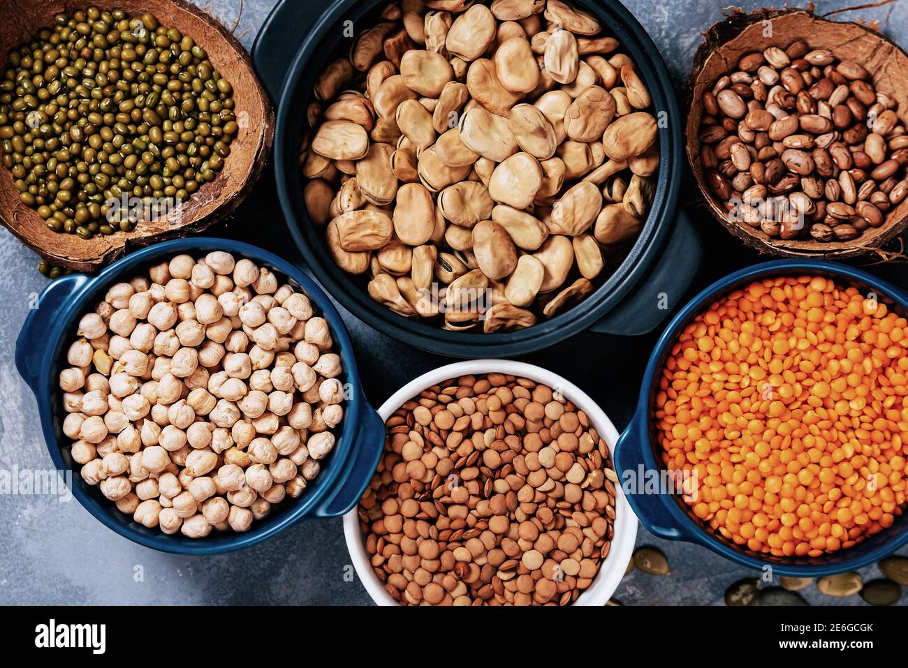 Various assortment of legumes beans, chickpeas, lentils, green peas ...