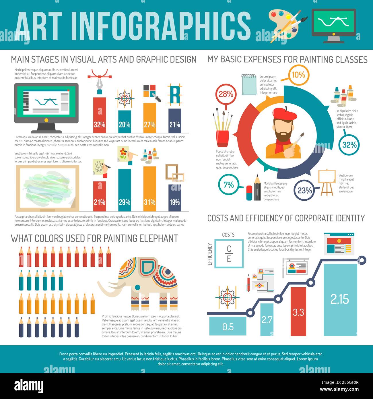 Art infographics set with painter and artist symbols and charts vector ...