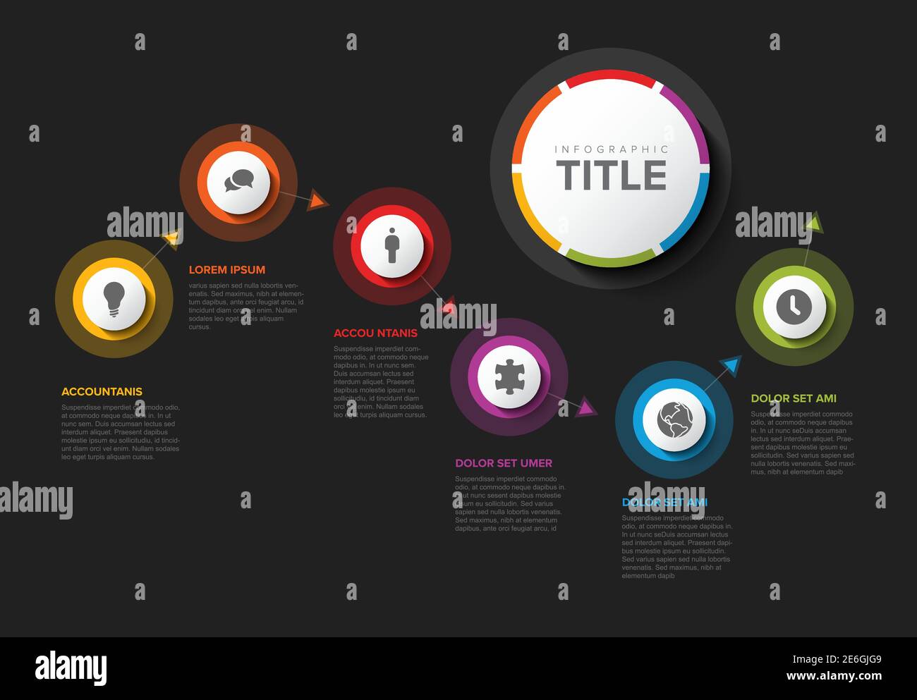 Vector dark progress steps template with descriptions, icons and ...