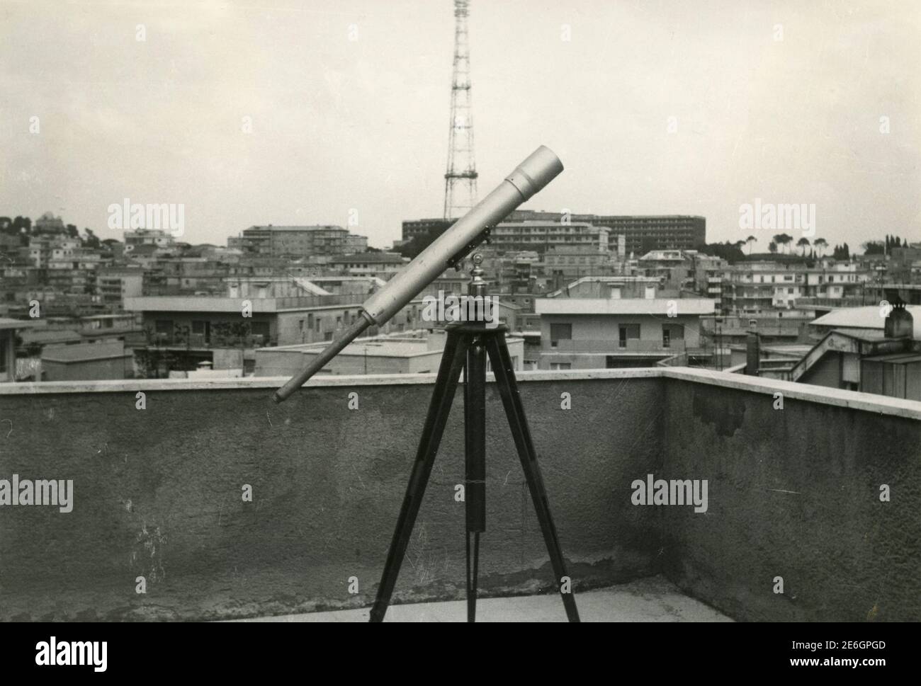 Telescope in a terrace overlooking Monte Mario, Rome, Italy 1960s Stock ...