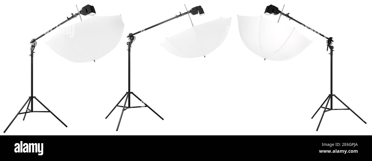 Photography studio speedlight on boom with stand and umbrella isolated ...