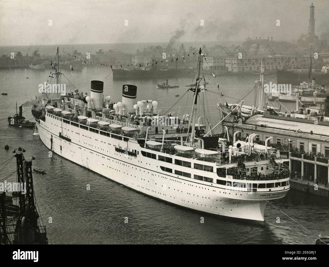 Italian ocean liner Conte Biancamano leaving port from Genoa to Buenos ...