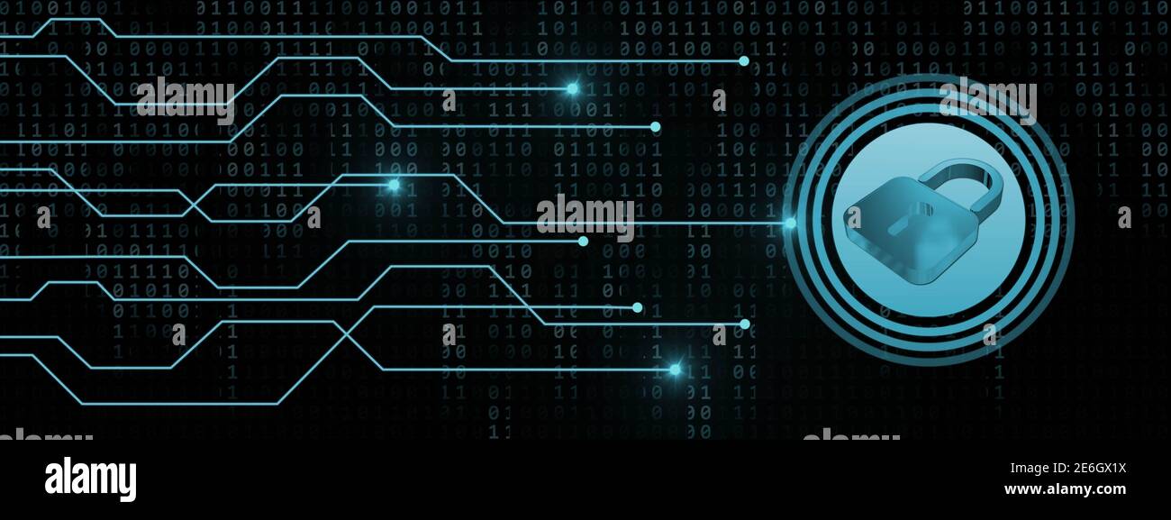 Cyber security concept - closed padlock with information connecting lines on digital binary code ...