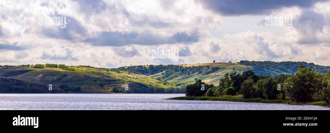 Panoramic view of the river Don and hills, slopes, steppe coast, gully ...