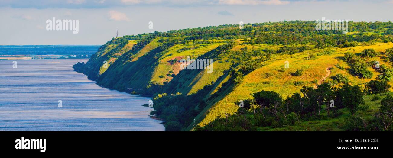 Panoramic view of the river Don and hills, slopes, steppe coast, gully ...