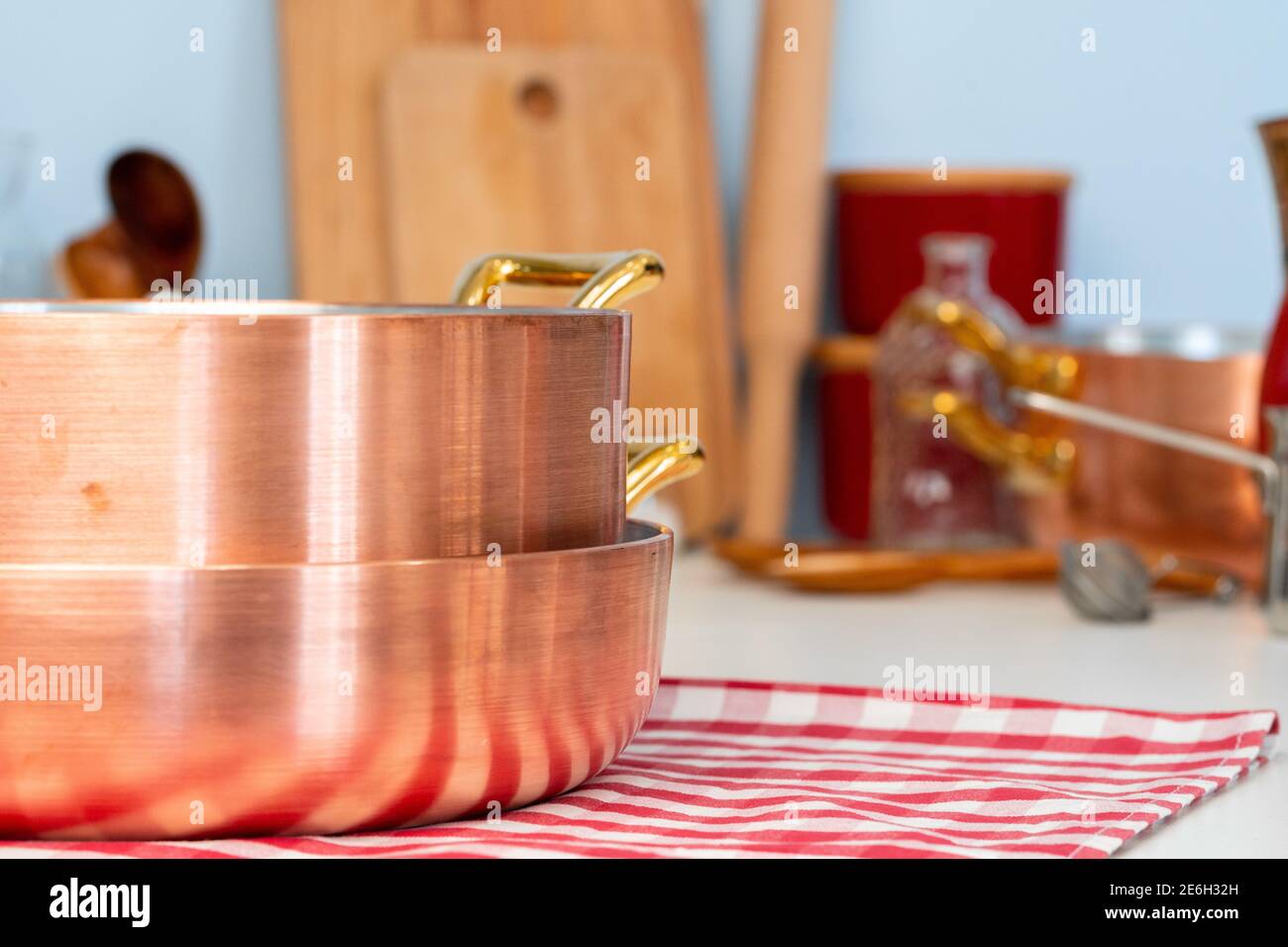 Kitchen utensils on a modern home kitchen table top Stock Photo - Alamy