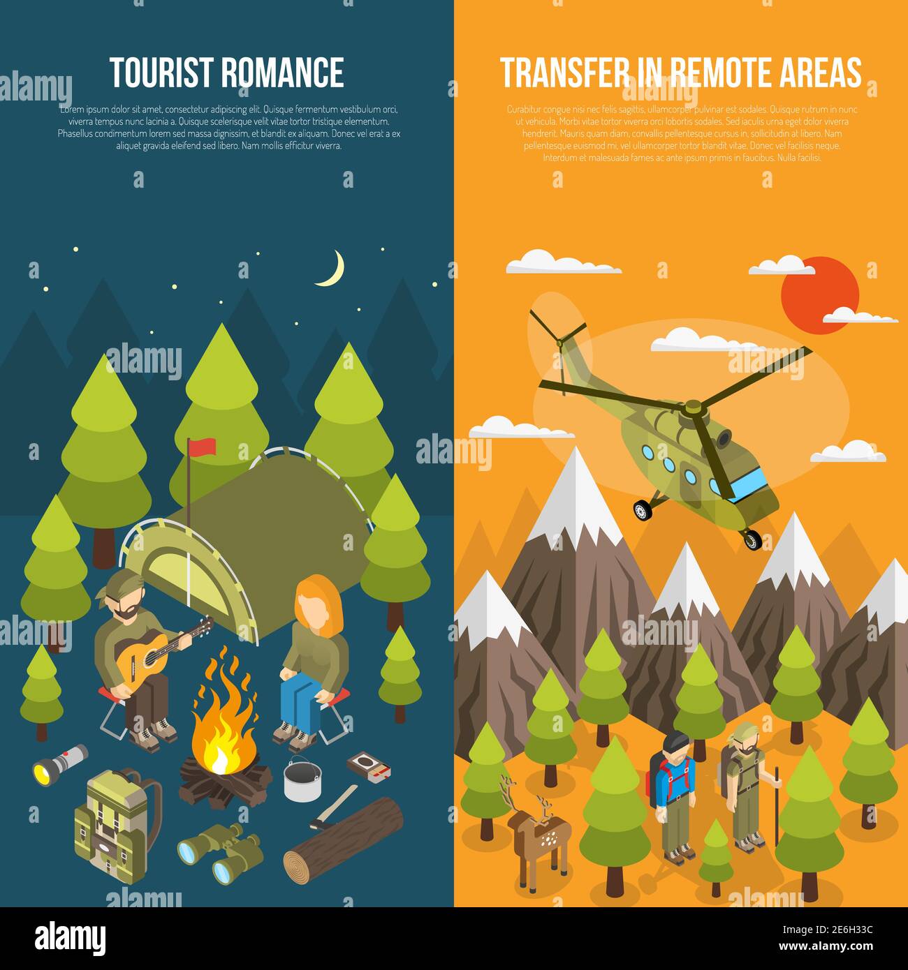 Hiking banner with tourists and equipment include backpack axe compass ...