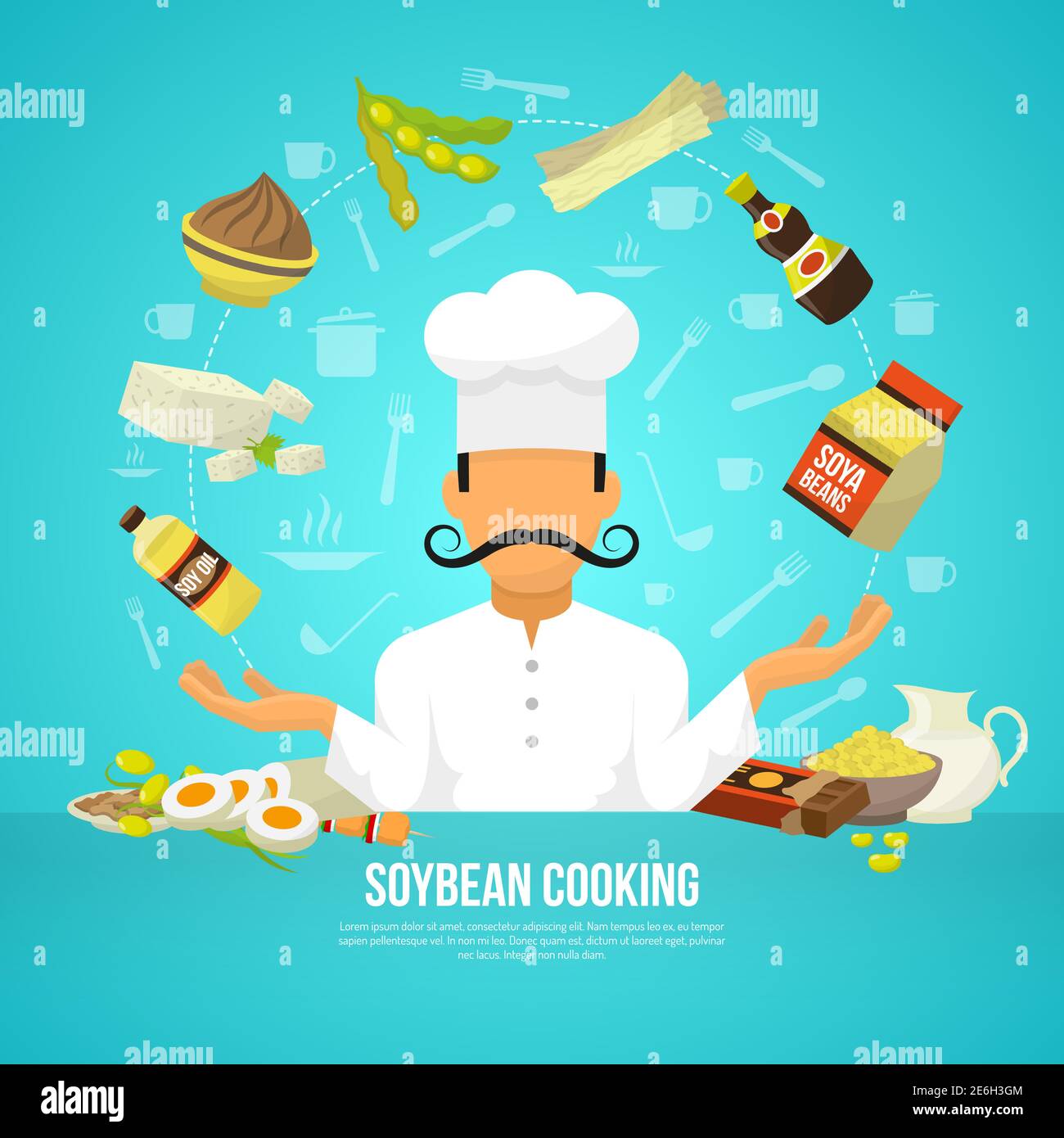 Soy food concept with flat organic products and chef avatar vector ...