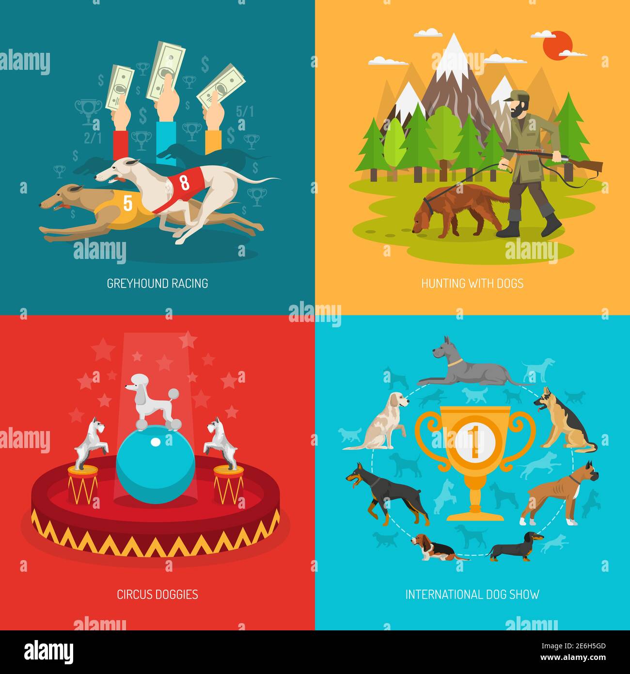 Dog breeds design concept set with circus racing and hunting animals ...