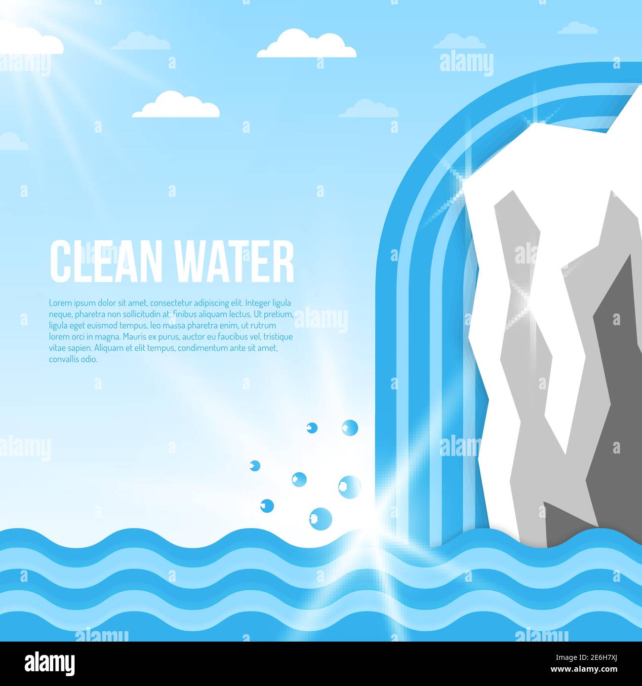 Clean water background with glacier with waterfall and ocean waves flat ...
