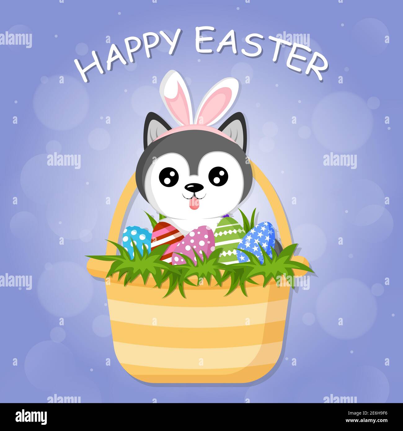 Cute little dog husky with bunny ears is sitting in the Easter basket ...