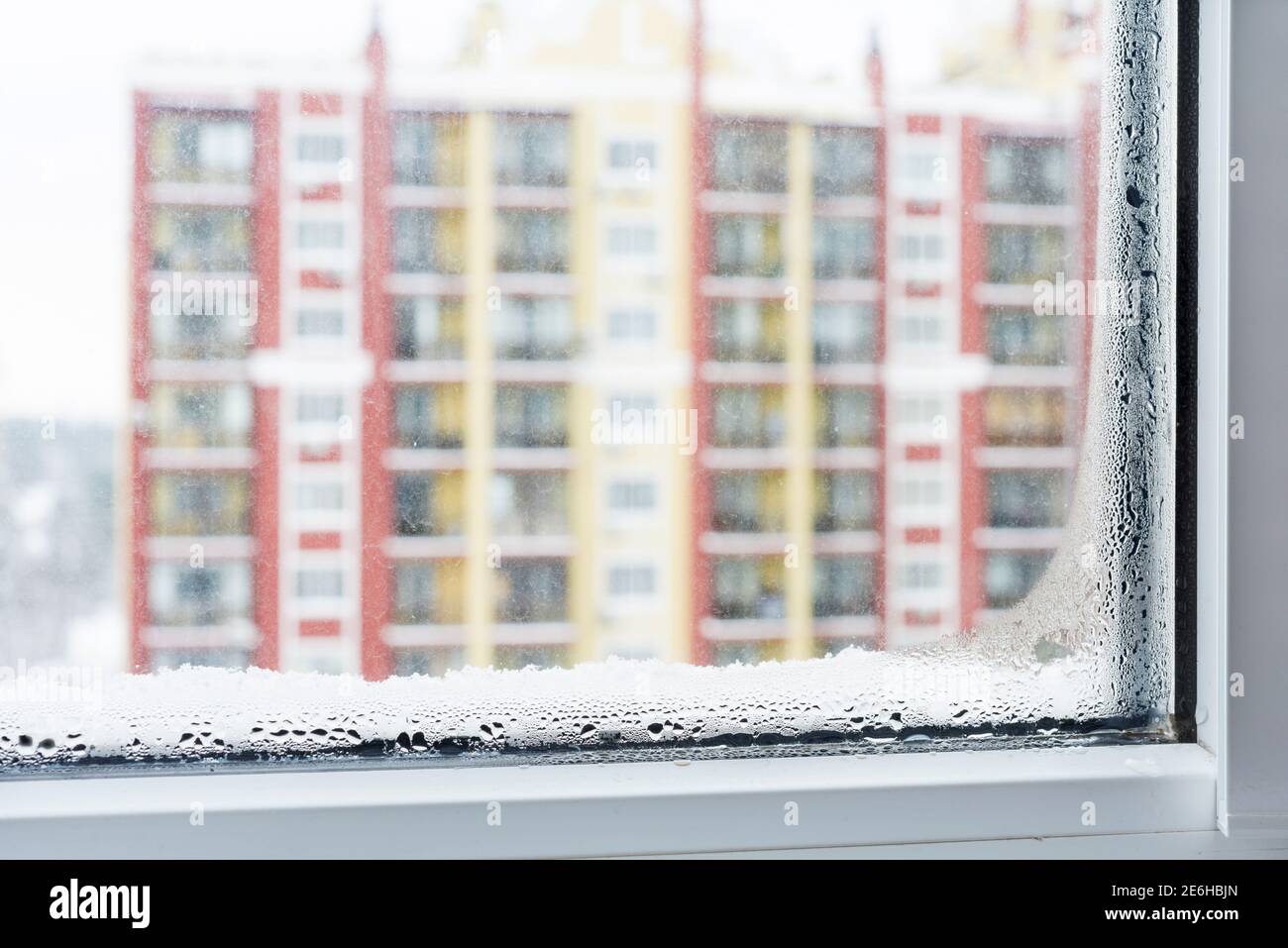 Close up of a defective plastic window with condensation. Poor ...