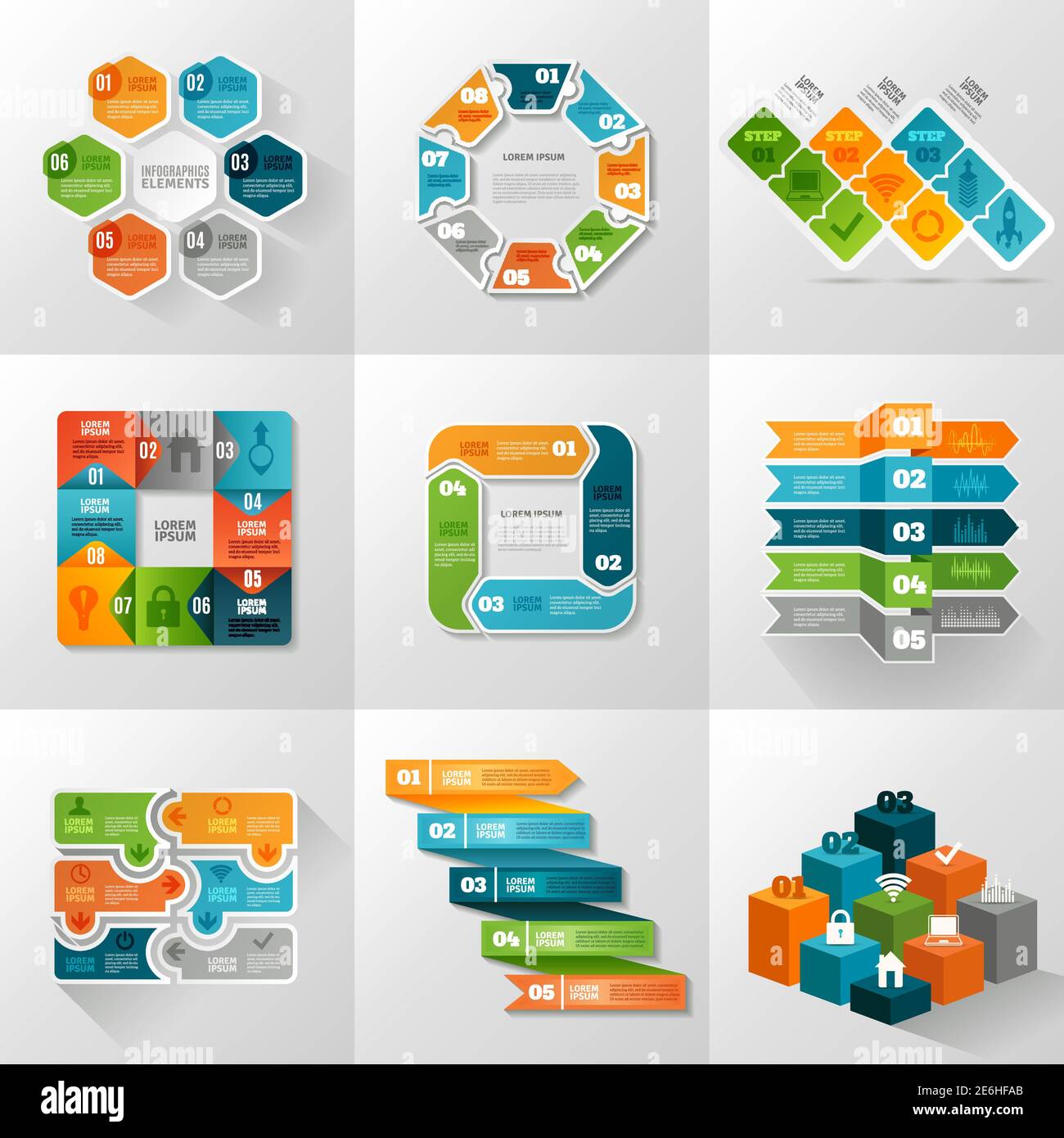 Infographic templates icons set with different diagrams and charts flat ...