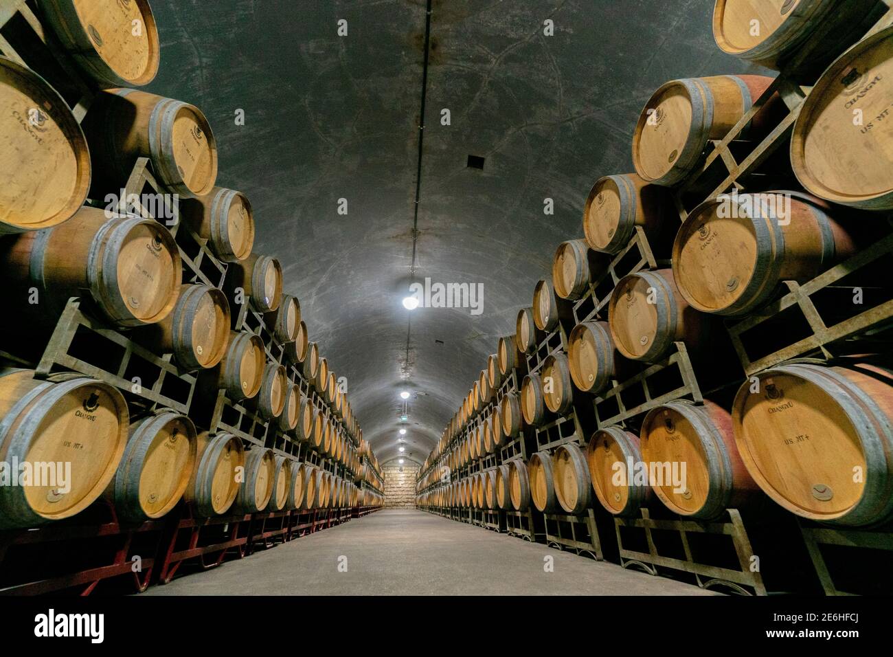 Oak barrels stored in the Grand Cellar (first built in 1894), under the ...