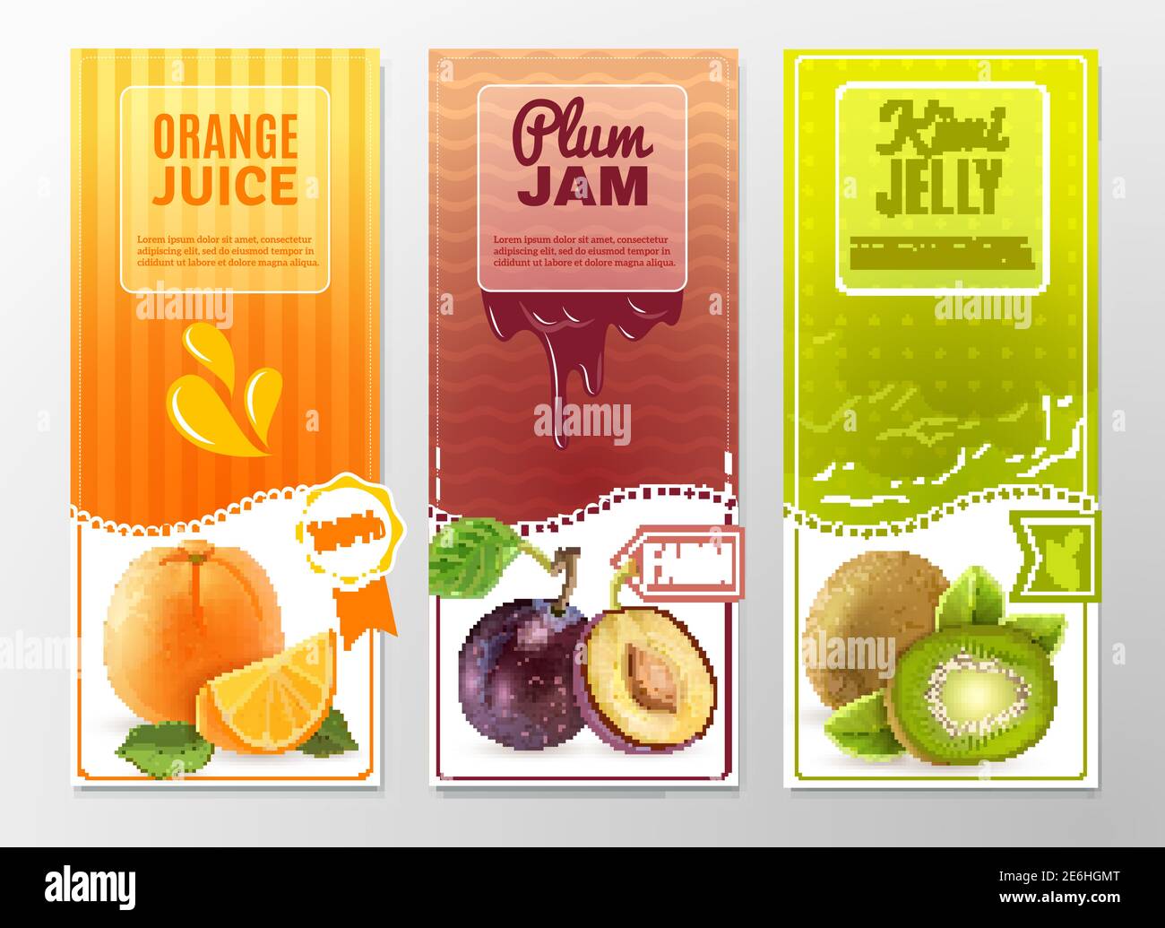Orange juice plum jam and kiwi jelly 3 vertical colorful advertisement ...